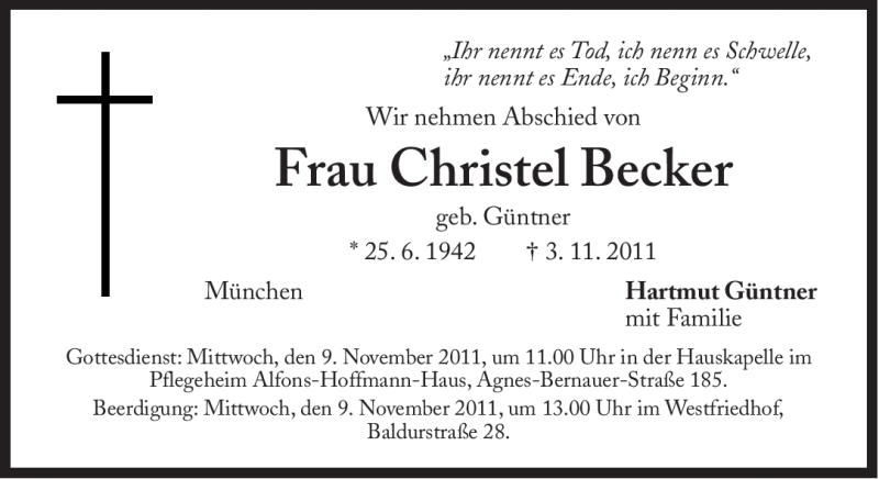 Traueranzeigen von Christel Becker | SZ-Gedenken.de