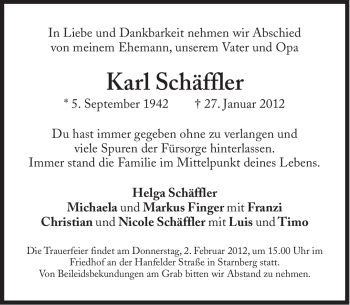 Traueranzeigen von Karl Schäffer | SZ-Gedenken.de