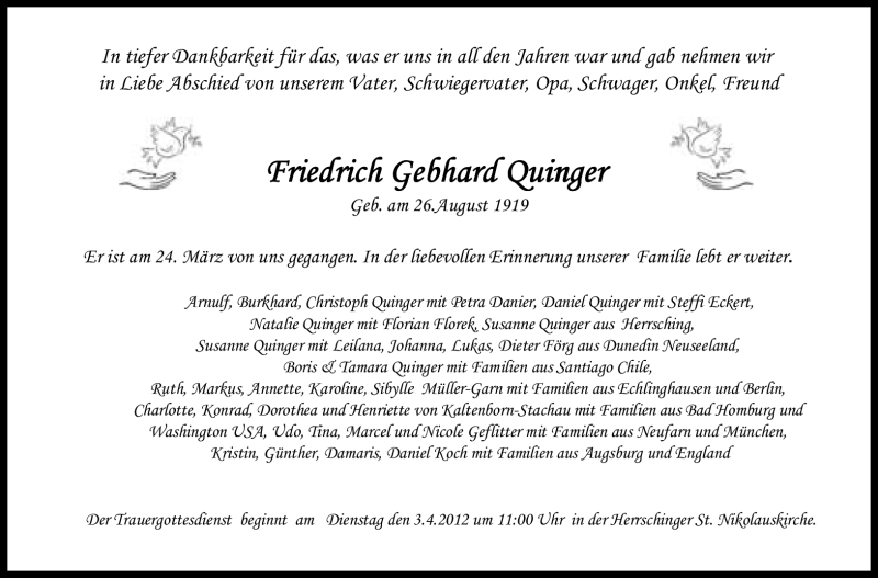 Traueranzeigen von Friedrich Gebhard Quinger | SZ-Gedenken.de