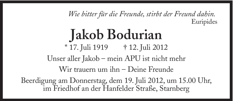 Traueranzeigen von Jakob Bodurian | SZ-Gedenken.de