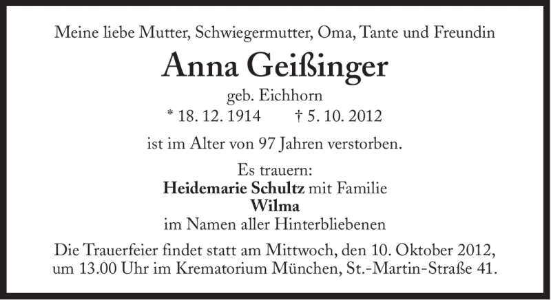 Traueranzeigen von Anna Geißinger | SZ-Gedenken.de