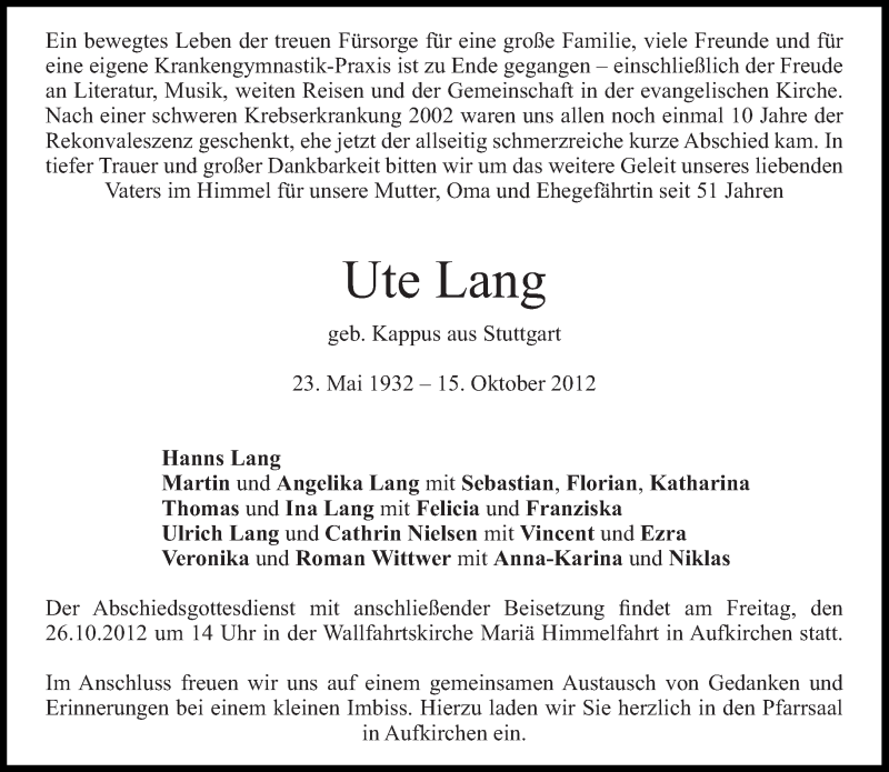 Traueranzeigen von Ute Lang | SZ-Gedenken.de