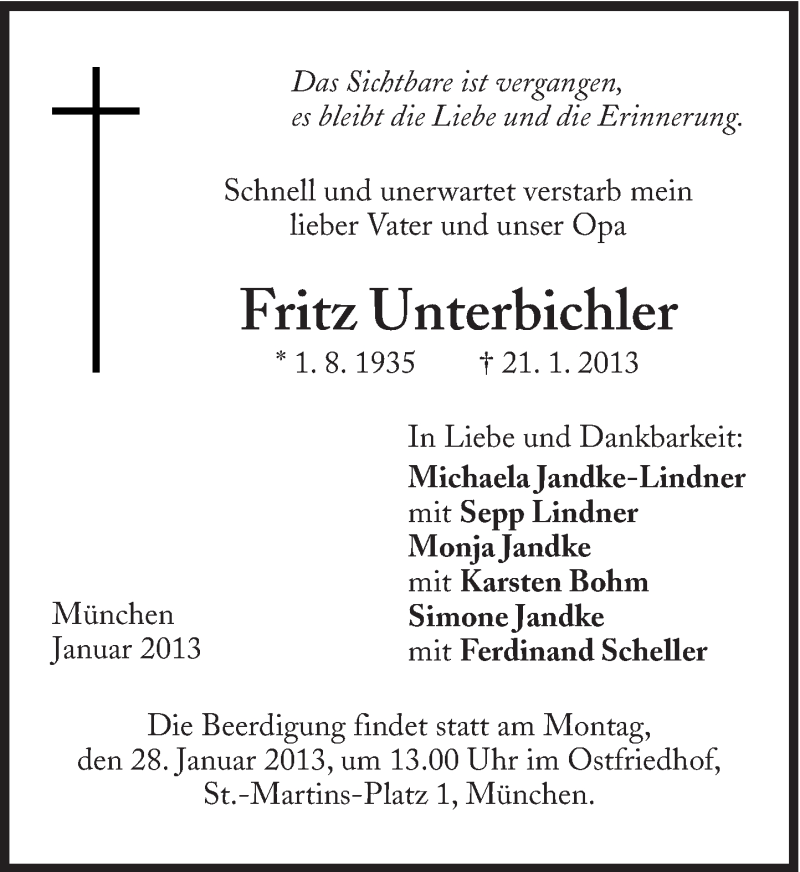 Traueranzeigen von Fritz Unterbichler | SZ-Gedenken.de
