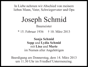 Traueranzeigen von Joseph Schmid | SZ-Gedenken.de