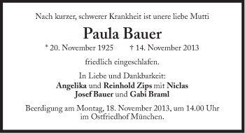 Traueranzeigen von Paula Bauer | SZ-Gedenken.de