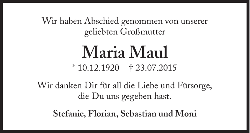 Traueranzeigen von Maria Maul | SZ-Gedenken.de