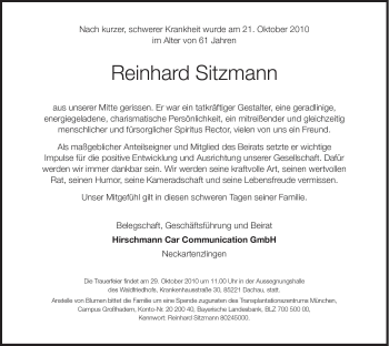 Traueranzeigen von Reinhard Sitzmann | SZ-Gedenken.de