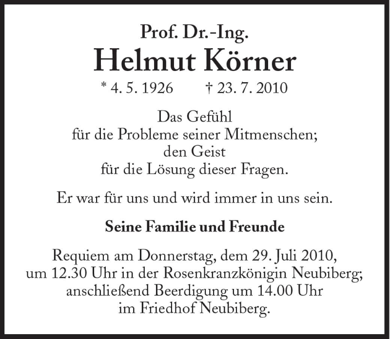 Traueranzeigen von Helmut Körner | SZ-Gedenken.de
