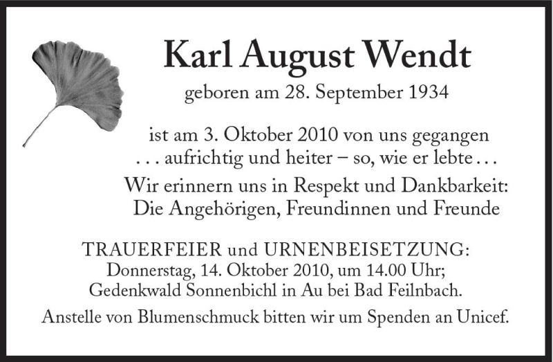 Traueranzeigen von Karl August Wendt | SZ-Gedenken.de