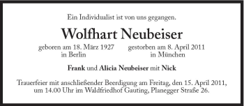 Traueranzeigen von Wolfhart Neubeiser | SZ-Gedenken.de