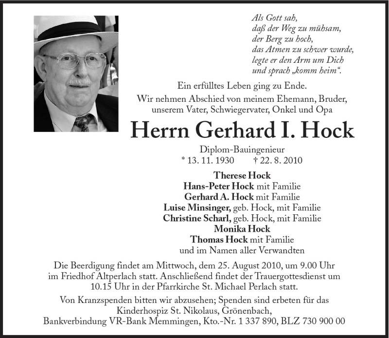 Traueranzeigen von Gerhard I. Hock | SZ-Gedenken.de