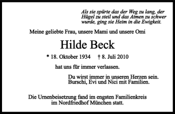 Traueranzeigen von Hilde Beck | SZ-Gedenken.de