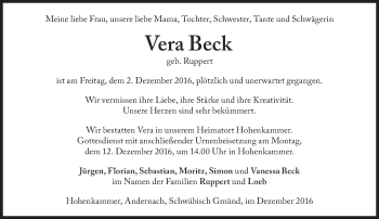 Traueranzeigen von Vera Beck | SZ-Gedenken.de
