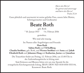 Traueranzeigen von Beate Roth | SZ-Gedenken.de