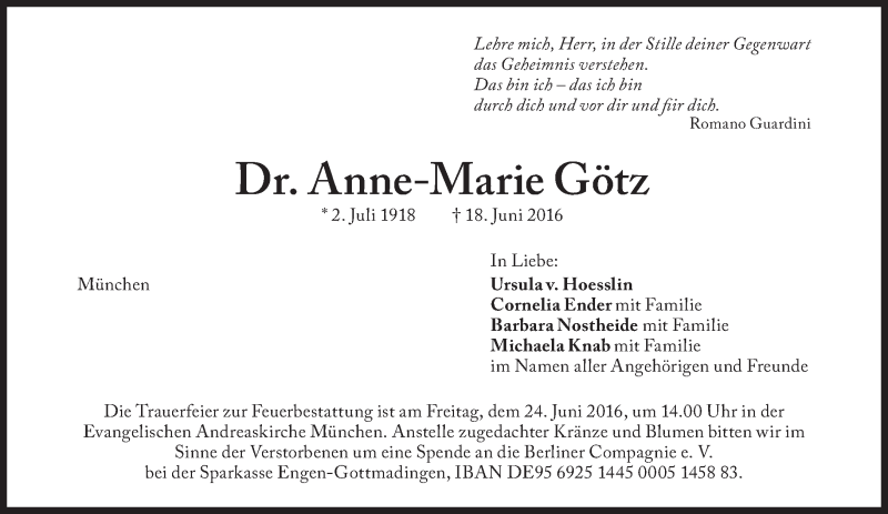 Traueranzeigen von Anne-Marie Götz | SZ-Gedenken.de