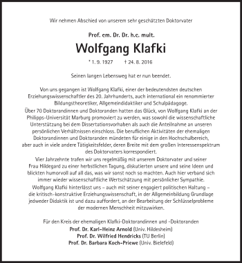 Traueranzeigen von Wolfgang Klafki | SZ-Gedenken.de