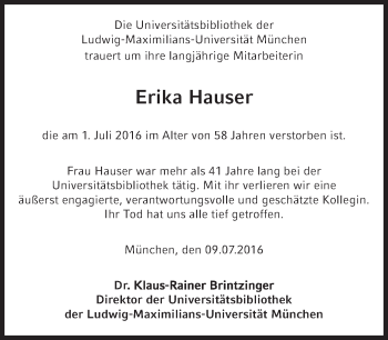 Traueranzeigen von Erika Hauser | SZ-Gedenken.de