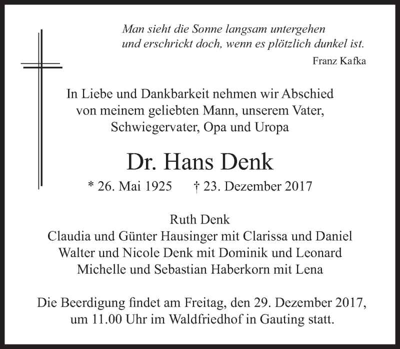 Traueranzeigen von Hans Denk | SZ-Gedenken.de