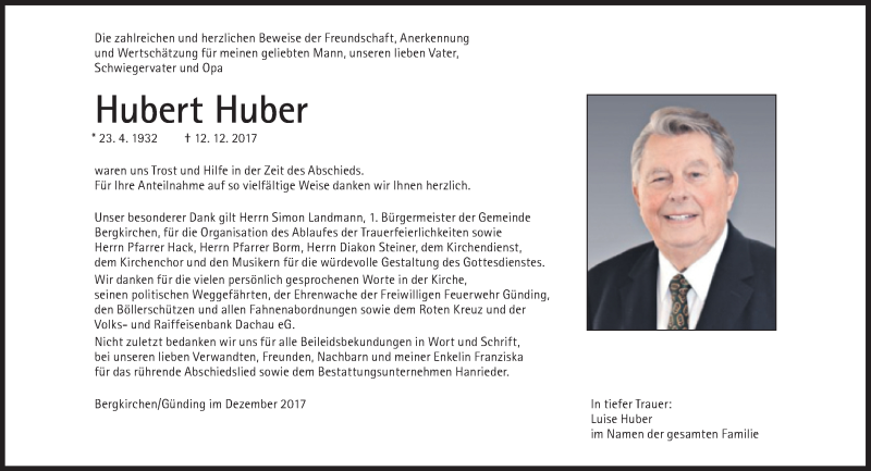 Traueranzeigen von Hubert Huber | SZ-Gedenken.de