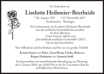 Traueranzeigen von Liselotte Heilmeier-Beerheide | SZ-Gedenken.de