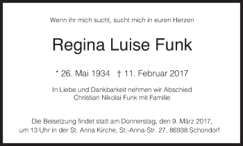 Traueranzeigen von Regina Luise Funk | SZ-Gedenken.de