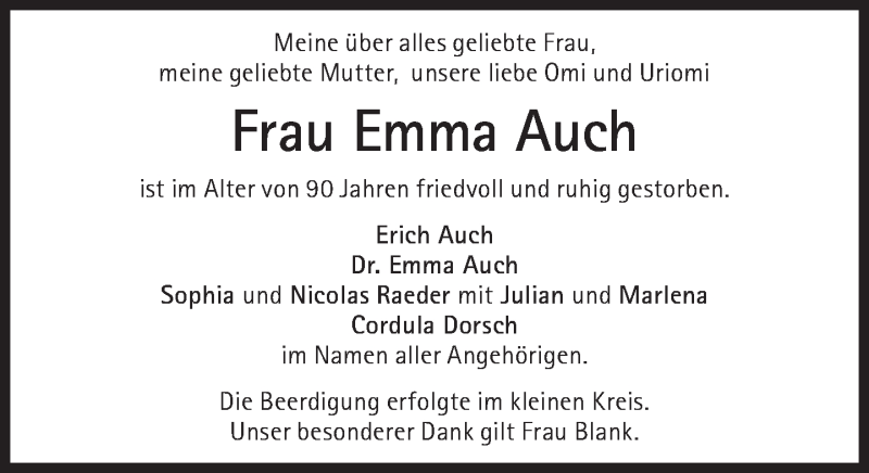 Traueranzeigen von Emma Auch | SZ-Gedenken.de