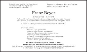 Traueranzeigen von Franz Beyer | SZ-Gedenken.de