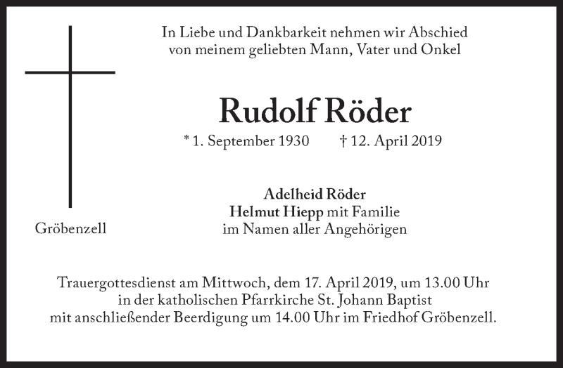 Traueranzeigen von Rudolf Röder | SZ-Gedenken.de