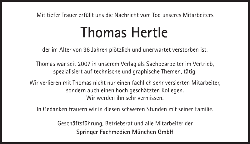 Traueranzeigen von Thomas Hertle | SZ-Gedenken.de