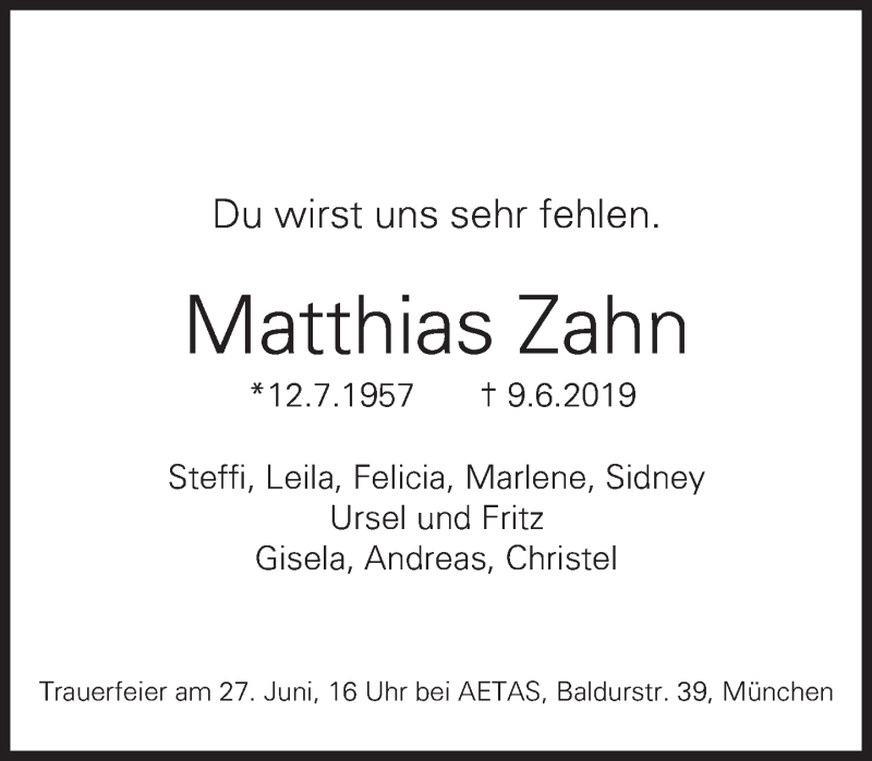Traueranzeigen von Matthias Zahn | SZ-Gedenken.de