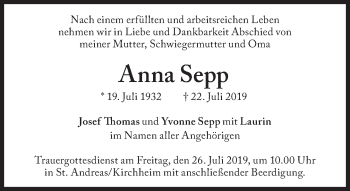 Traueranzeigen von Anna Sepp | SZ-Gedenken.de