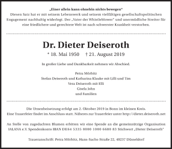Traueranzeigen von Dieter Deiseroth | SZ-Gedenken.de