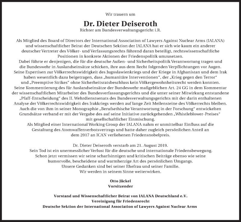 Traueranzeigen von Dieter Deiseroth | SZ-Gedenken.de