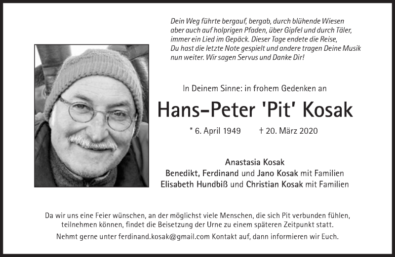 Traueranzeigen von Hans-Peter Kosak | SZ-Gedenken.de