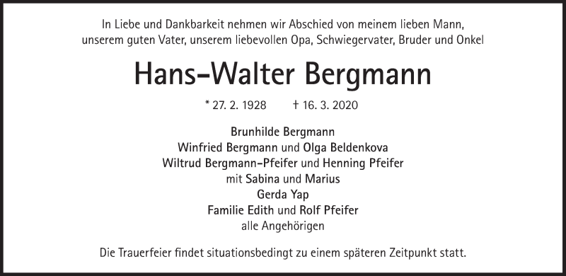 Traueranzeigen von Hans-Walter Bergmann | SZ-Gedenken.de