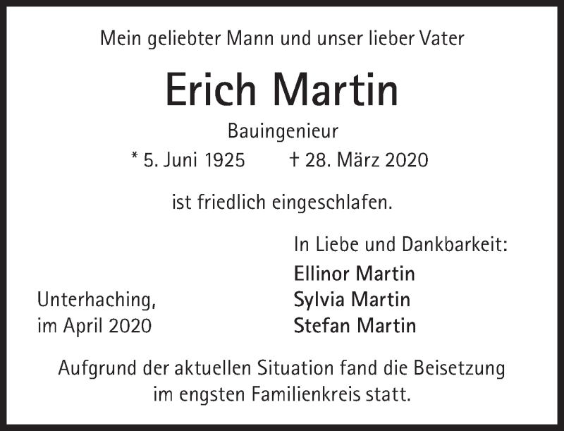 Traueranzeigen von Erich Martin | SZ-Gedenken.de