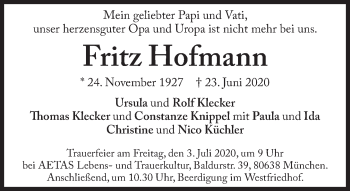Traueranzeigen von Fritz Hofmann | SZ-Gedenken.de
