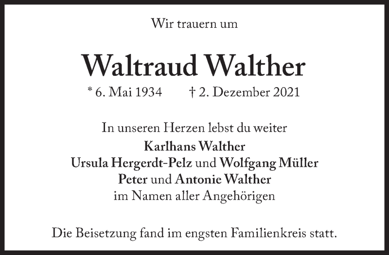 Traueranzeigen von Waltraud Walther | SZ-Gedenken.de