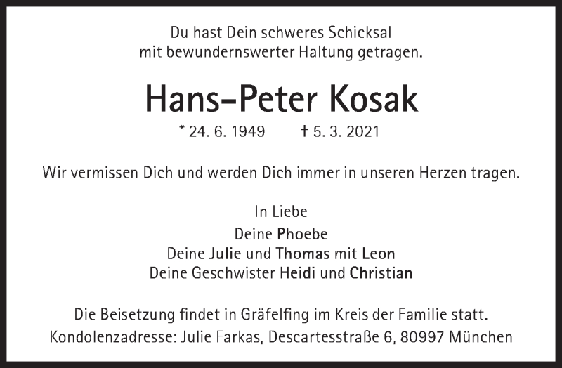 Traueranzeigen von Hans-Peter Kosak | SZ-Gedenken.de
