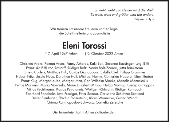 Traueranzeigen von Eleni Torossi | SZ-Gedenken.de
