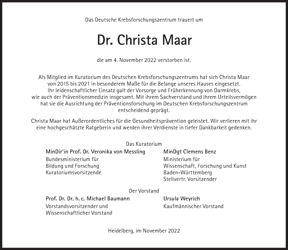 Traueranzeigen von Christa Maar | SZ-Gedenken.de