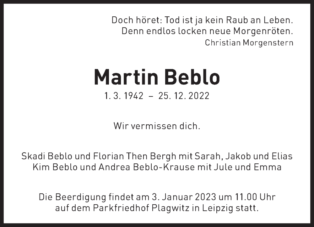Traueranzeigen von Martin Beblo | SZ-Gedenken.de