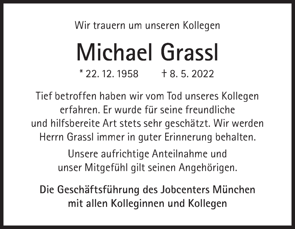 Traueranzeigen von Michael Grassl | SZ-Gedenken.de