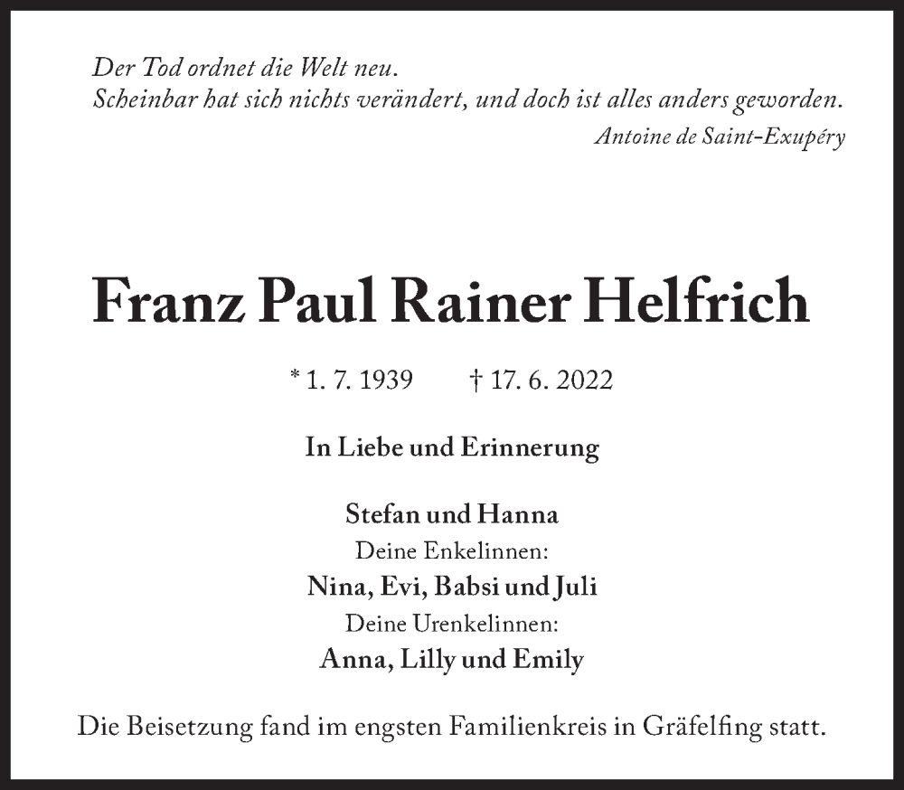 Traueranzeigen von Franz Paul Rainer Helfrich | SZ-Gedenken.de