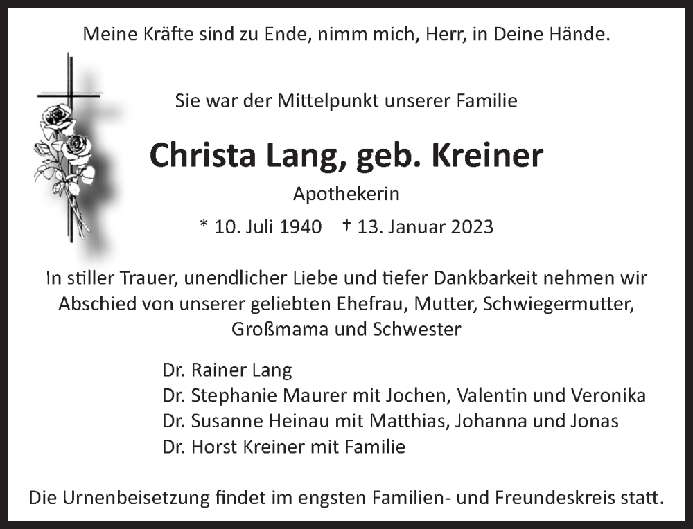 Traueranzeigen von Christa Lang | SZ-Gedenken.de
