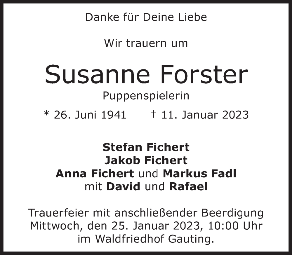 Traueranzeigen von Susanne Forster | SZ-Gedenken.de