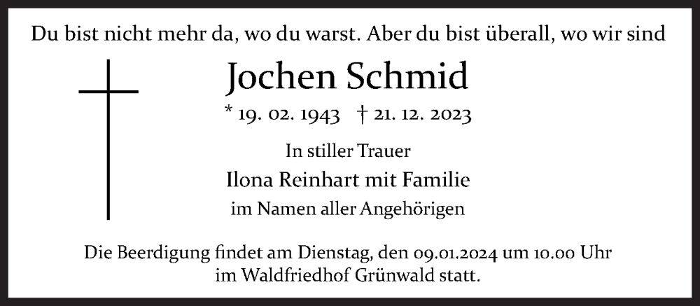Traueranzeigen von Jochen Schmid | SZ-Gedenken.de