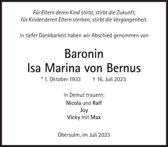 Traueranzeigen von Isa Marina von Bernus | SZ-Gedenken.de