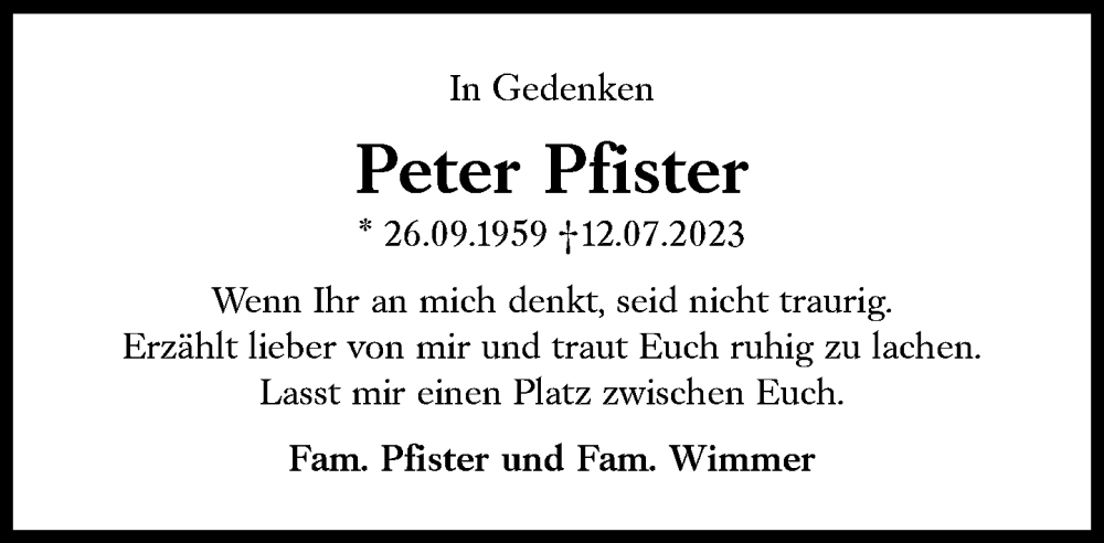 Traueranzeigen von Peter Pfister | SZ-Gedenken.de