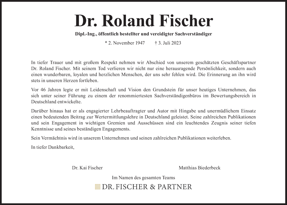 Traueranzeigen von Roland Fischer | SZ-Gedenken.de